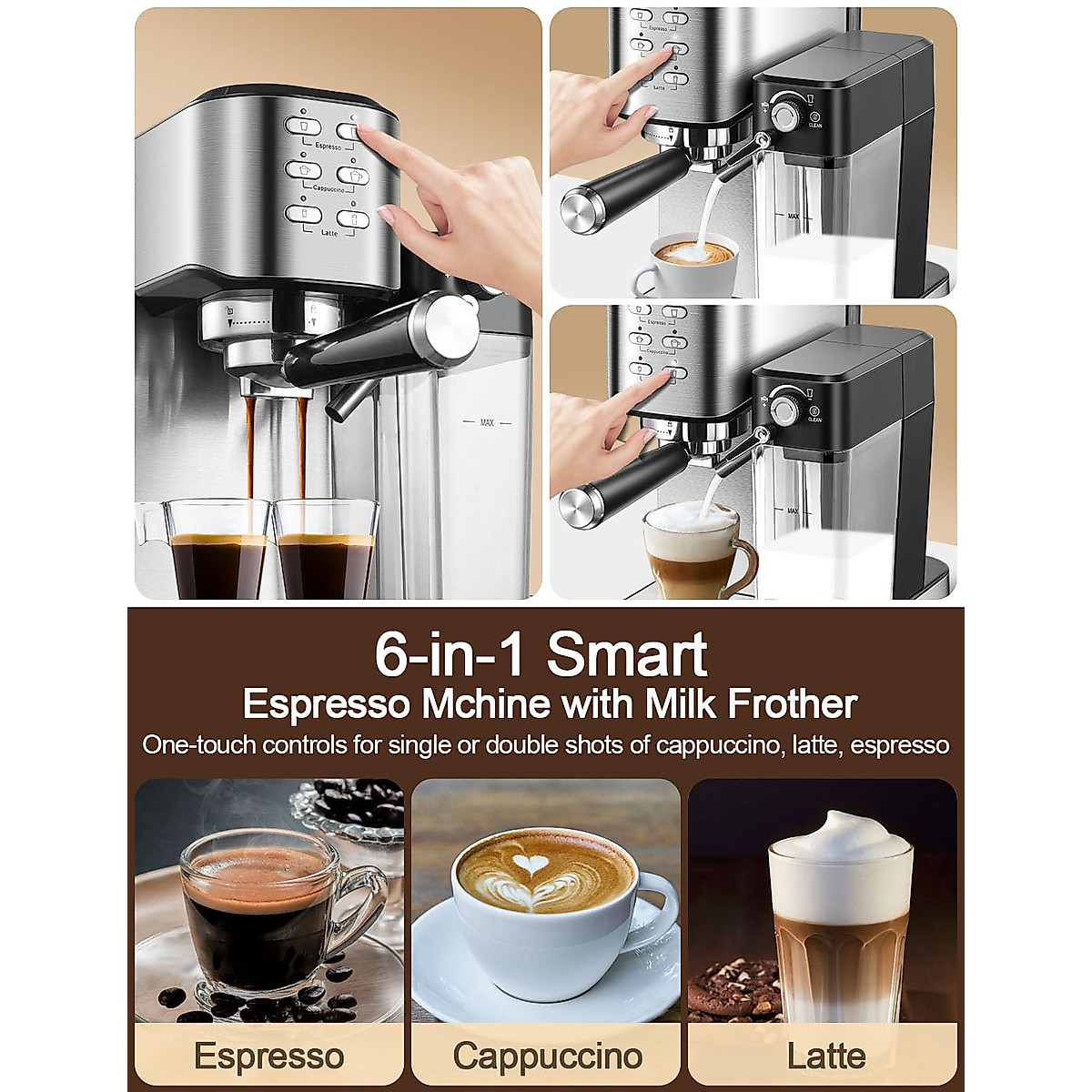 ILAVIE Espresso Machine with Integrated Automatic Milk Frother 6 in 1, 20 Bar Espresso Cappuccino Latte Maker with 24 oz Detachable Milk Reservoir, Ideal for Home Use