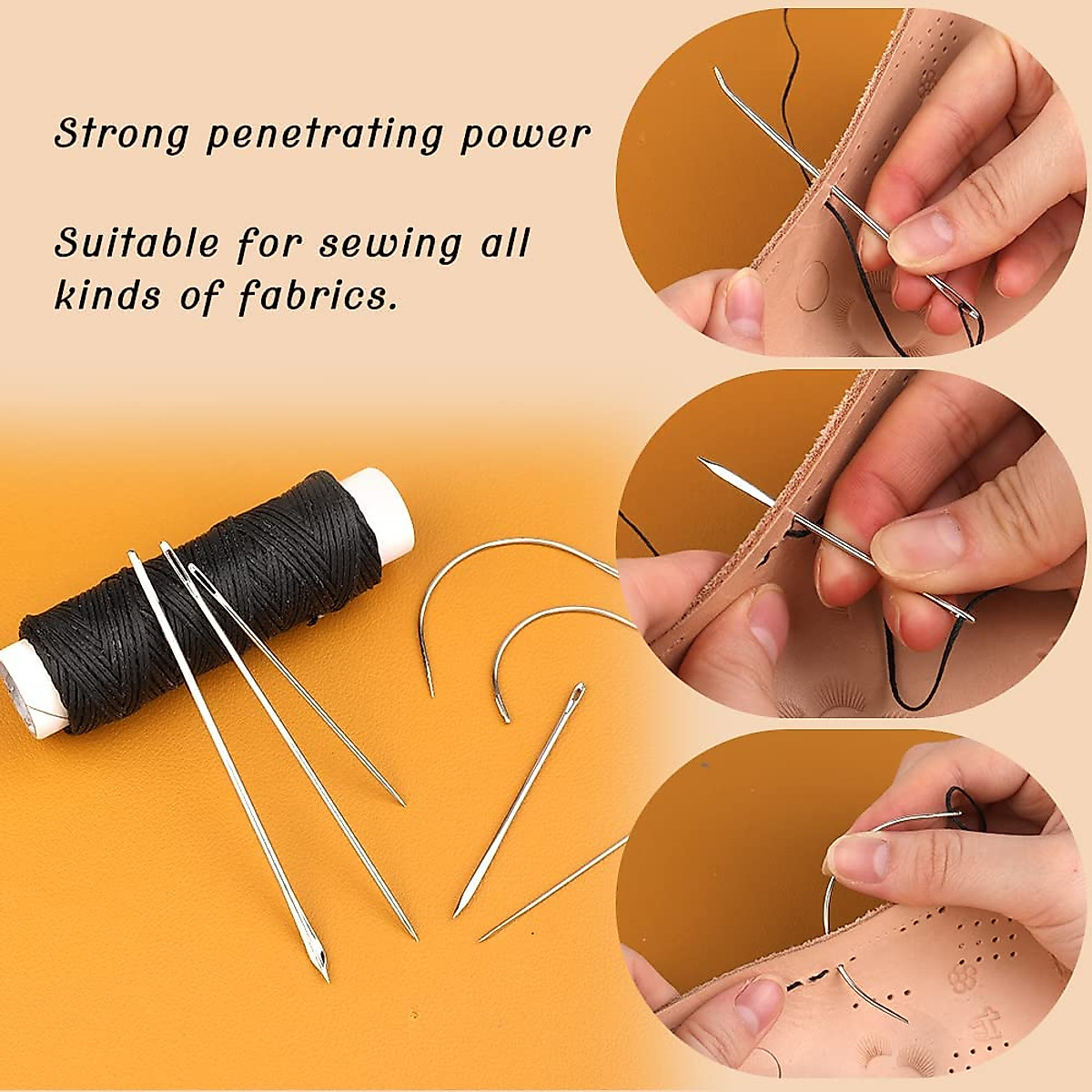 Ftyiwu Waxed Thread 32 Yards (Black), Leather Sewing Waxed Thread with Hand Sewing Needles, Leather Sewing Thread Set for Home Upholstery Carpet Leather Canvas Repair and Sewing