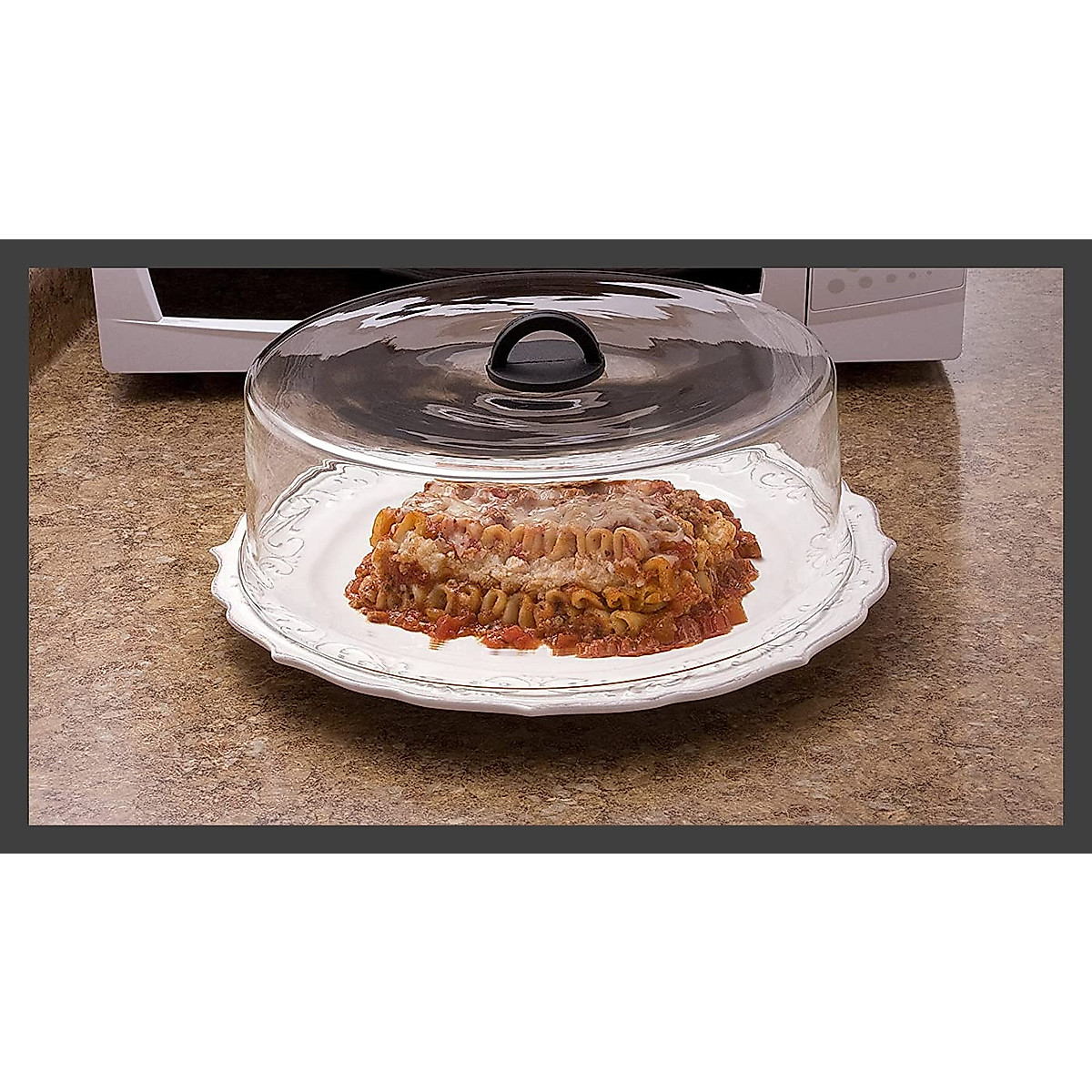 Tall Microwave Tempered Borosilicate Glass Plate Cover with Black Easy-Grip Silicone Handle - Unvented to Steam Food -Microwaveable/Oven/Stove Safe - Black Silicone Handle for Safe Easy Grip