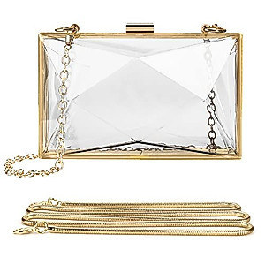 Women Clear Purse, Acrylic Box Evening Clutch Bag, Transparent Rhombus Lady Party Wedding Crossbody Shoulder Handbag (Gold)