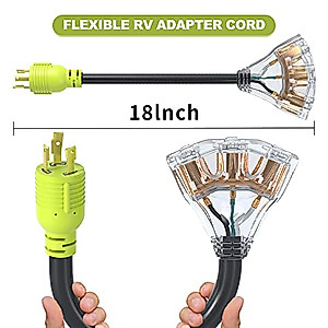 AOWEITOUR RV 30 Amp to 110 Adapter Generator Power Cord, 3 Prong 30 Amp Adapter Plug to 20 Amp Twist Lock Socket,NAMA L5-30P Male Plug to 3X 5-20R T-Blade Female,10 AWG STW (1.5FT)