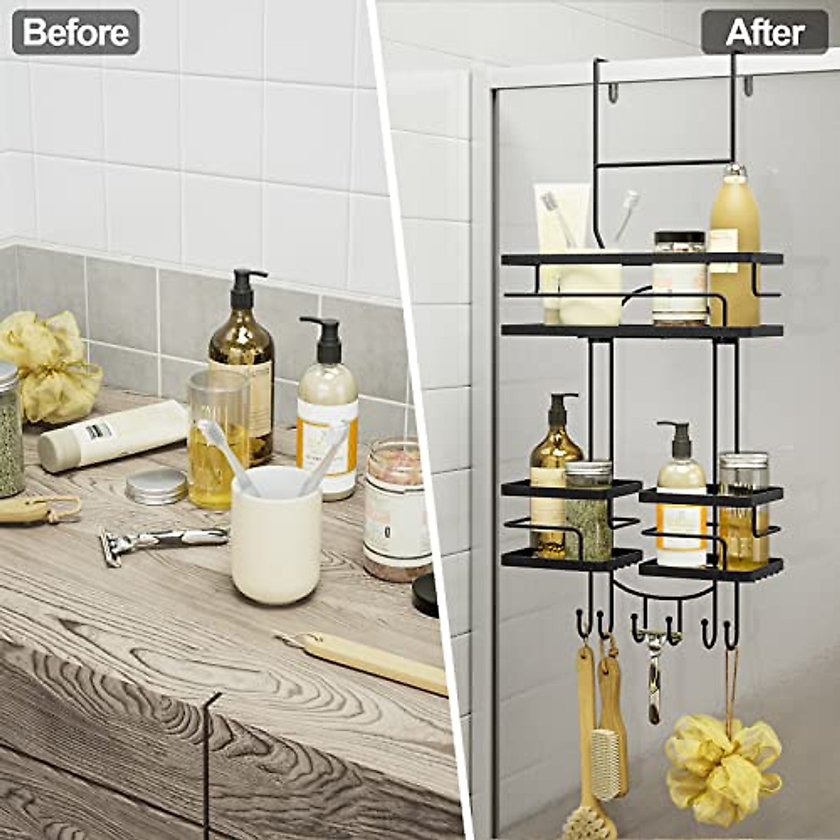 Auslar Shower Caddy Hanging Over The Door, Sturdy Rustproof Hanging Shower Organizer, Shower Shelf with Hooks, Razors Towels Shampoo Organizer for Dorm, Toilet and Bath, Black