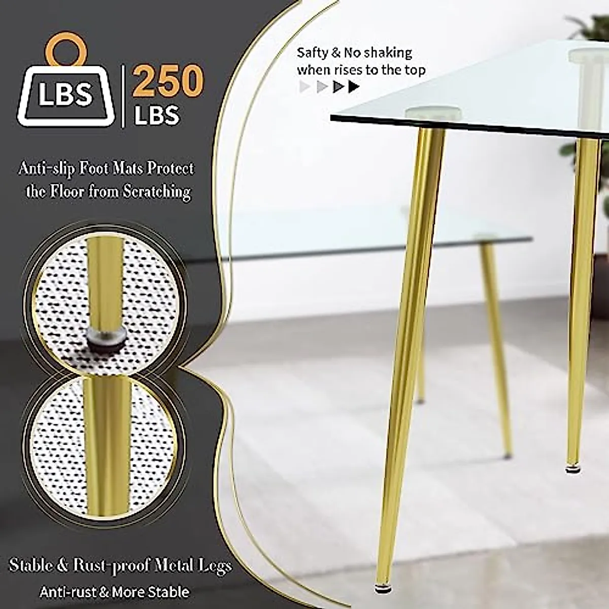 Glass Dining Table for 4 with 51 inch Clear Tempered Glass Top, 0.31" Modern Rectangular Glass Kitchen Table Furniture with 4 Golden Plating Metal Legs for Home Kitchen Room