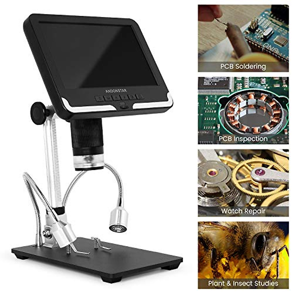 Andonstar AD206 USB Digital Microscope with LED Fill Light, 7-inch Adjustable 30f/s Display and 2MP HD Image Sensor for PCB SMD CPU Soldering Phone Repair