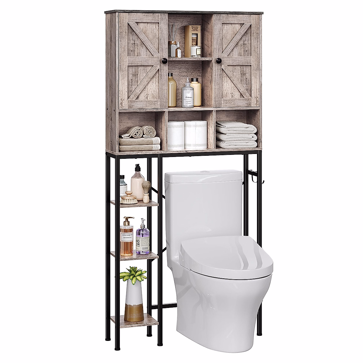 CHOEZON Over The Toilet Storage, Farmhouse Bathroom Storage Cabinet, Over Toilet Shelf with Storage Cabinet, Bathroom Organizer with Hooks, for Bathroom, Restroom, Charcoal Gray and Black TTS01HC