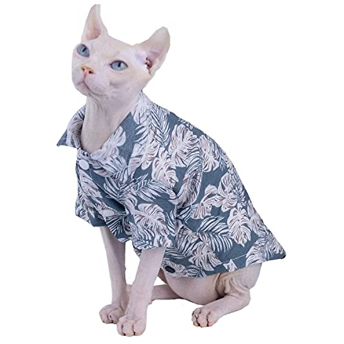Hairless Cat T-Shirt Breathable Summer Cotton Hawaiian Shirts Short Sleeve Button Closure Turn Down Collar Leaf Print Cat Clothes Vest Apparel for Sphynx, Cornish Rex, Devon Rex, Peterbald (XXL-)