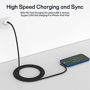 ANDNOVA USB C and Lightning Cable 2 in 1 for iPhone 15/14, Dual Jack Type C with 90 Degree Lightning PD 60W Fast Multi Charging Cable for Travel USB-C Smartphones - 6.6 Ft