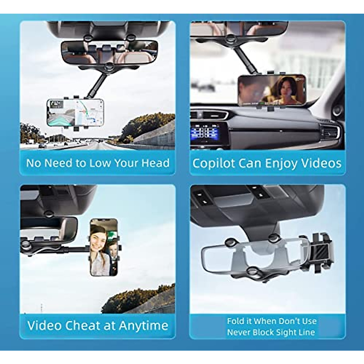 Timpou Car Phone Holder, Rearview Mirror Phone Holder, Adjustable Nagivator Holder, 360° Rotatable and Retractable Universal Car Cell Phone Holder for All Cell Phone