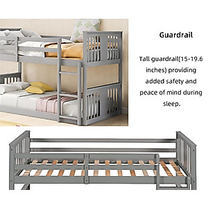 Merax Kids Bunk Bed Twin Over Twin, Wood Low Floor Bunkbed with Stairs Guardrail for Boys, Girls, Toddlers, No Box Spring Required, Grey