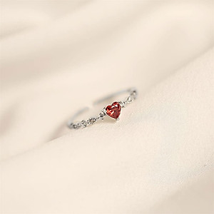 Delicate Red Heart 925 Sterling Silver Statement Adjustable Ring for Women Girls Cubic Zirconia CZ Love-Heart Shaped Beaded Open Wrap Rings Comfort Fit Birthday Wedding Anniversary Jewelry Size 6-10