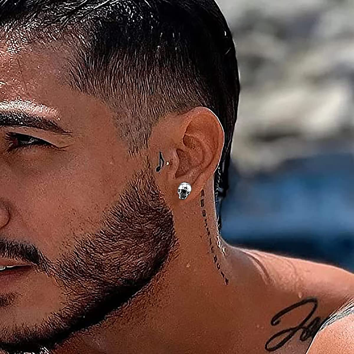 2 Pairs Punk Stainless Steel Stud Skull Earrings for Men Women Silver Black Rock Ear Piercing Earrings