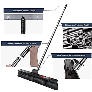 HEVOL Push Broom, 24" Wide Floor Scrub Brush with Stiff Bristles and 57” Long Stainless Steel Handle, Garage Heavy Duty Broom Outdoor Push Broom for Bathroom Kitchen Yard Patio Deck, Black