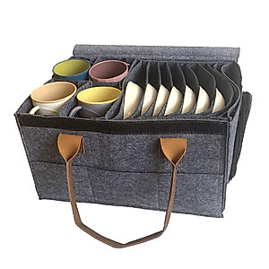 BigKing China Storage Containers With Lid and Handles,14.17 * 10.82 * 7.87inch Felt Plate Holder, Dinnerware Storage Containers with Pockets Detachable Dividers for Motorhome Closet Camping Caravan