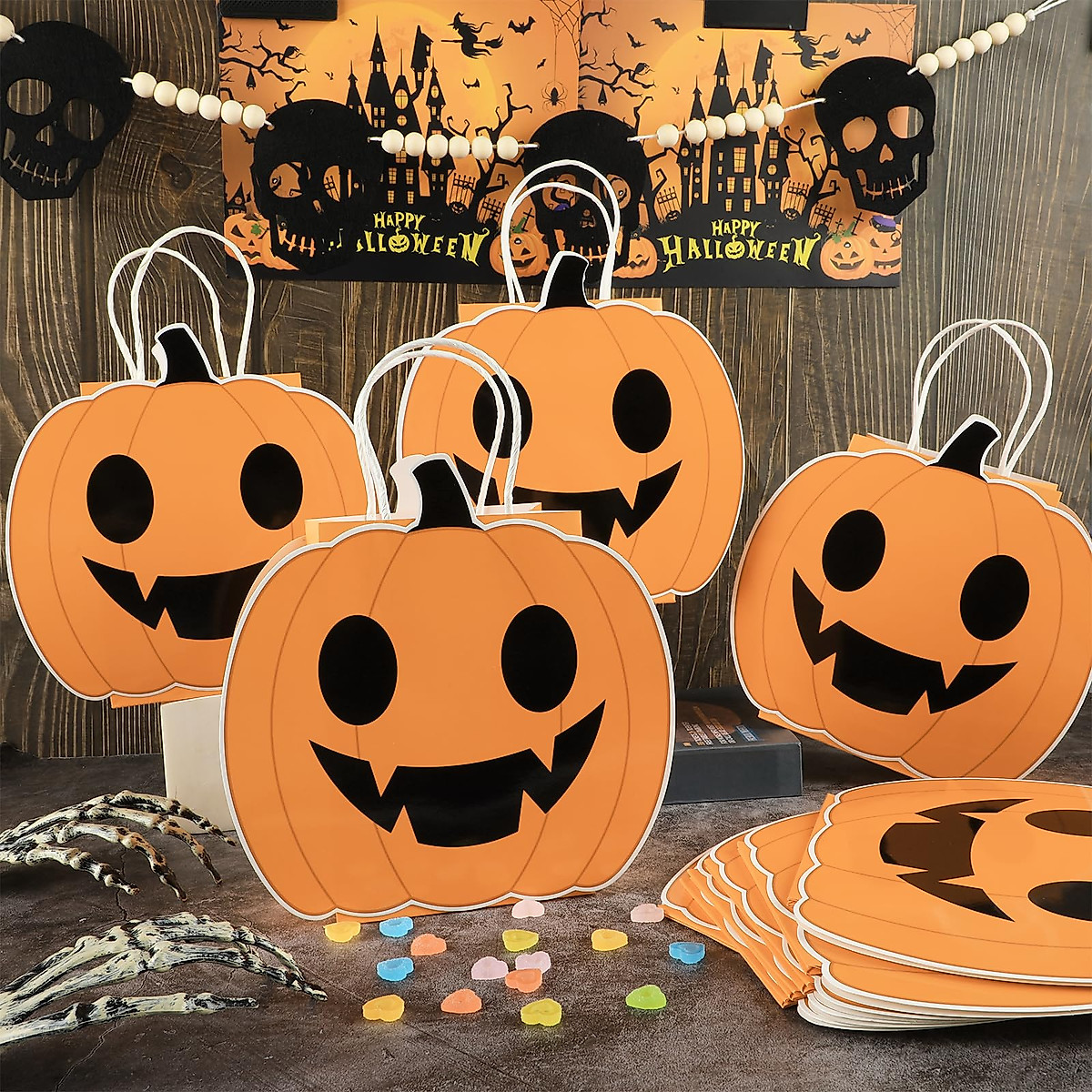 Justforjoyful 12Pcs Halloween Pumpkin Party Favor Bags Halloween Treat Bags Trick or Treat Goody Bags Pumpkin Paper Gift Bag with Handle Decorations for Kids Adults Halloween Party Supplies Decor