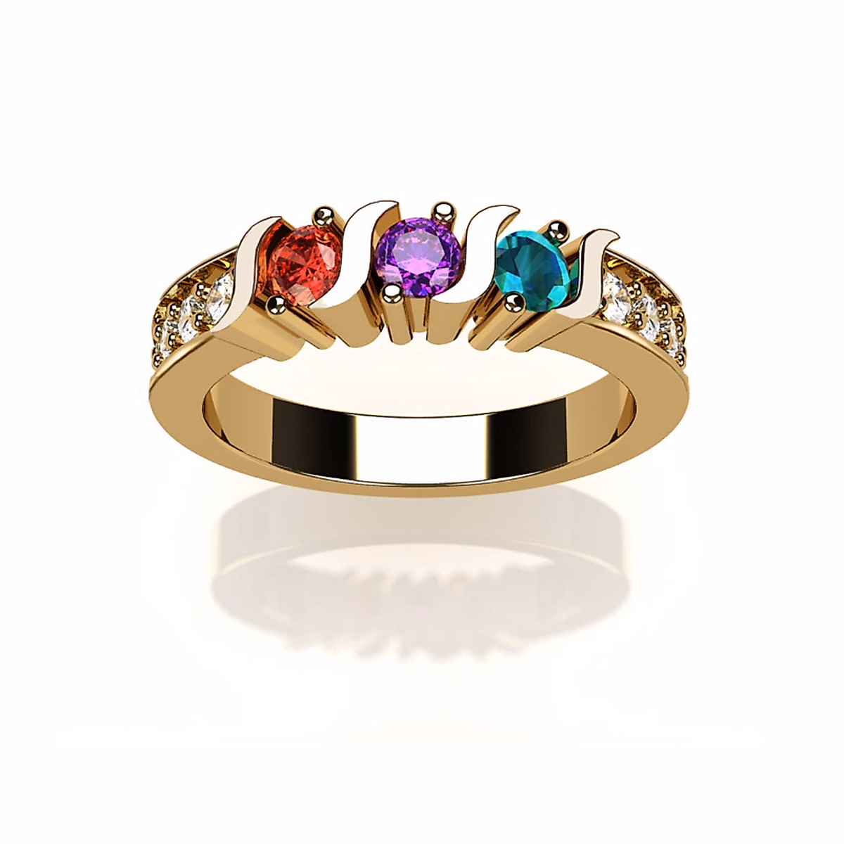 Central Diamond Center S-Bar W/Sides Mother's Ring 1 to 6 Simulated Birthstones - 14k Yellow Gold - Size 7