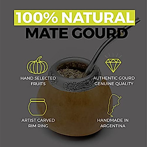 BALIBETOV Yerba Mate Gourd Set (Original Natural Handmade Yerba Mate Cup Argentina) - Includes Mate Tea Cup, Bombilla (Yerba Mate Straw) and Clean Brush - Classic Mate Cup and Bombilla Set (Suela)