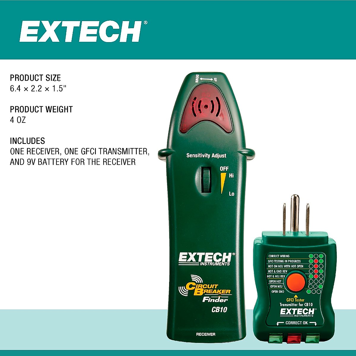 Extech - 1218G94EA - CB10 Circuit Breaker Finder, Locates fuses/breakers, Tests receptacles and GFCI circuits, Green,Red
