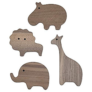 Decorative wooden jungle animal wall hooks, set of four, solid walnut wall hooks