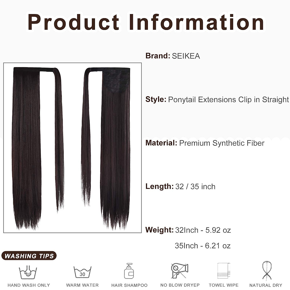 SEIKEA 35 Inch Clip in Ponytail Extension Wrap Around Long Straight Pony Tail Hair Synthetic Hairpiece for Women -Dark Brown