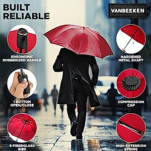 VAN BEEKEN Automatic Open and Close Umbrella, Red, for Men and Women