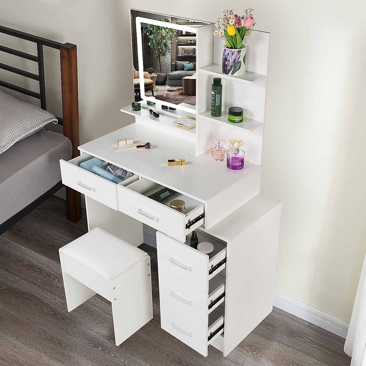 Lucaseone Vanity Table with Lighted Mirror, Makeup Vanity with Lights and Drawers, Vanity Desk Dressing Table with Cushioned Stool for Bedroom (3080 LED White)