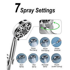 High Pressure Shower Head With Handheld 7 Settings, 5" High Power Hand Held Rain Showerhead with Stainless Steel Hose and Adjustable Bracket