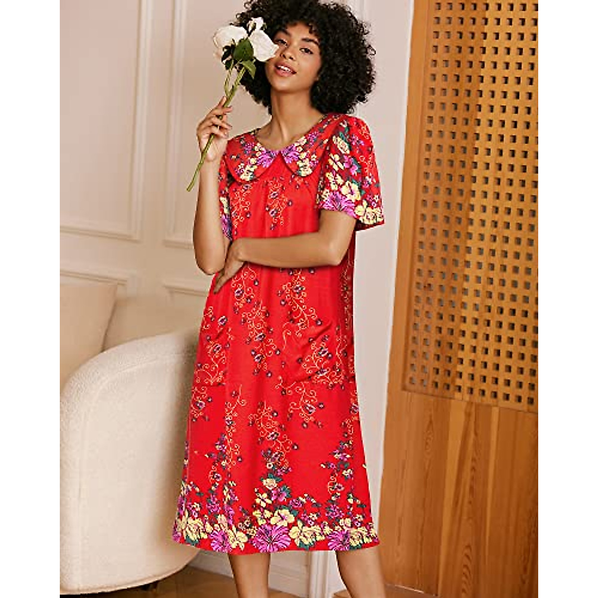 Ekouaer Women's House Dress Short Sleeve Sleepwear Mumu Lounge Wear Old Lady Nightgown Floral Print Night Dress with Pockets, Red, XXX-Large