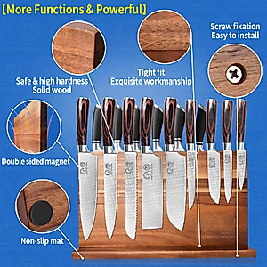 XYJ Extra Large Magnetic Knife Block Acacia Wood Knife Set Holder Stand With Stronge Magnetic Strip Kitchen Knives Storage Rack Organizer Tools No Drilling