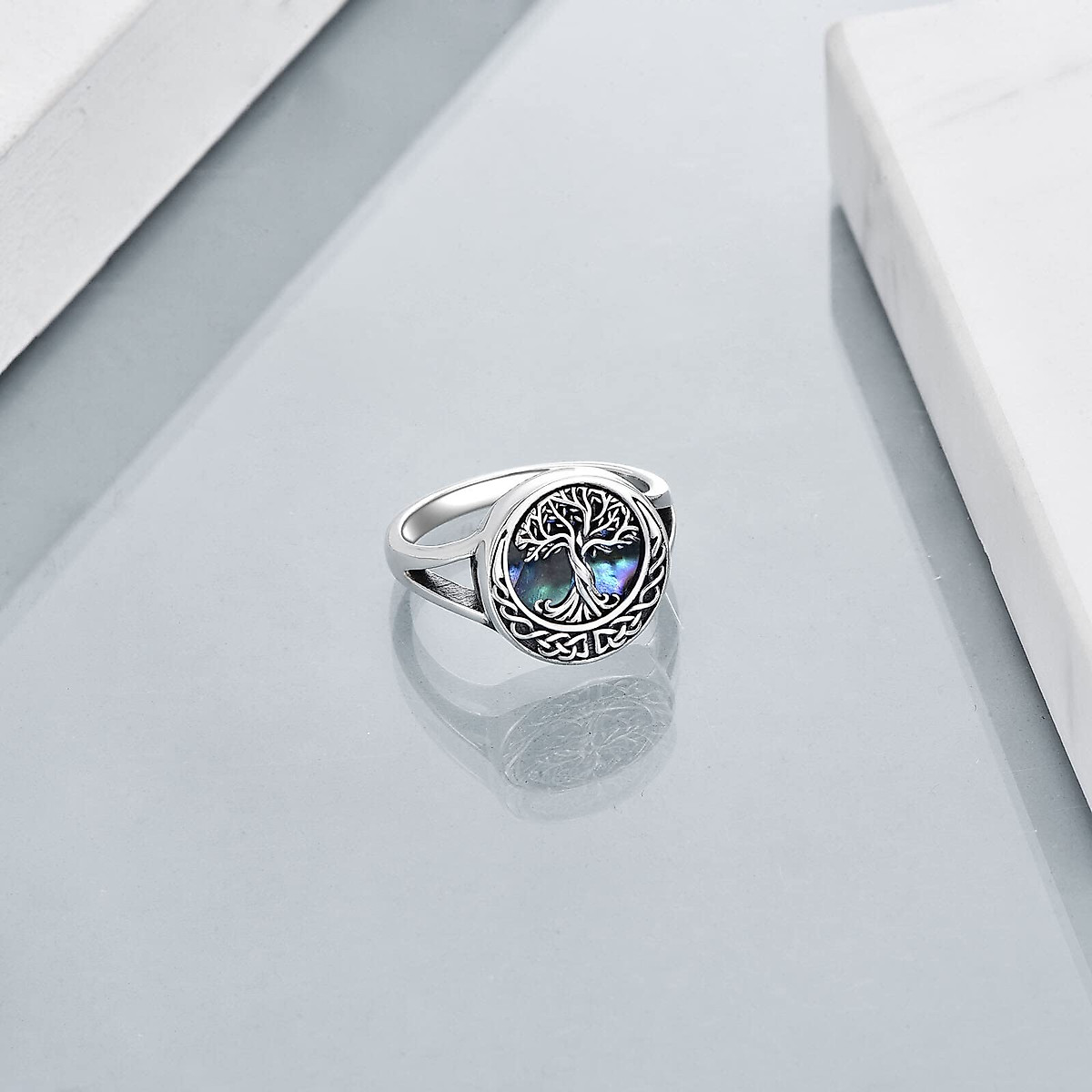 ONEFINITY Tree of Life Rings Sterling Silver Celtic Knot Tree of Life Rings Family Tree Jewelry Gifts for Women (Abalone shell, 7)