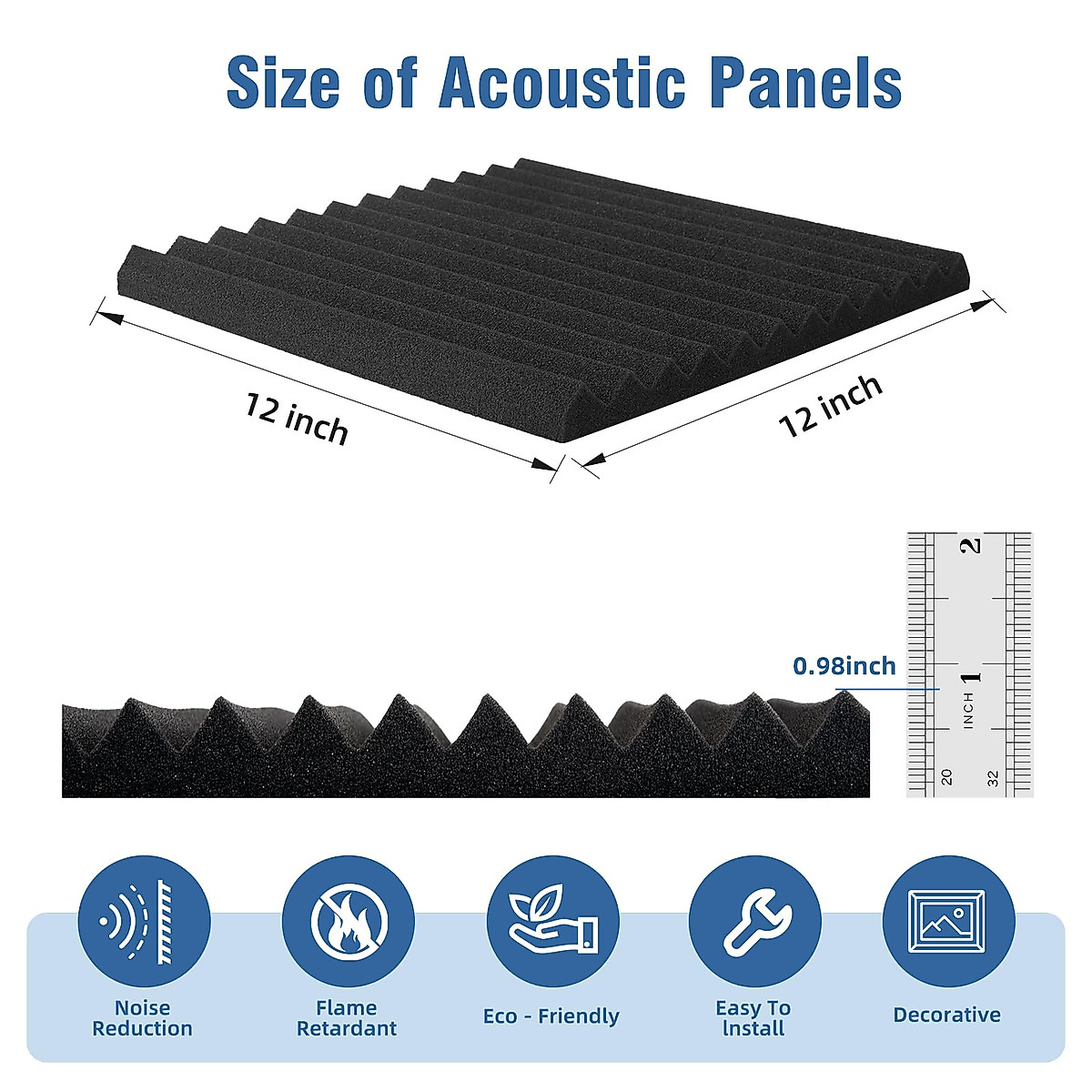 50 Pack Acoustic Foam Panels Premium Sound Proof Foam Panels Black Soundproof Wall Panels High Density Acoustic Panels Sound Absorbing for Studio Office Home, 12 x 12x 1Inch