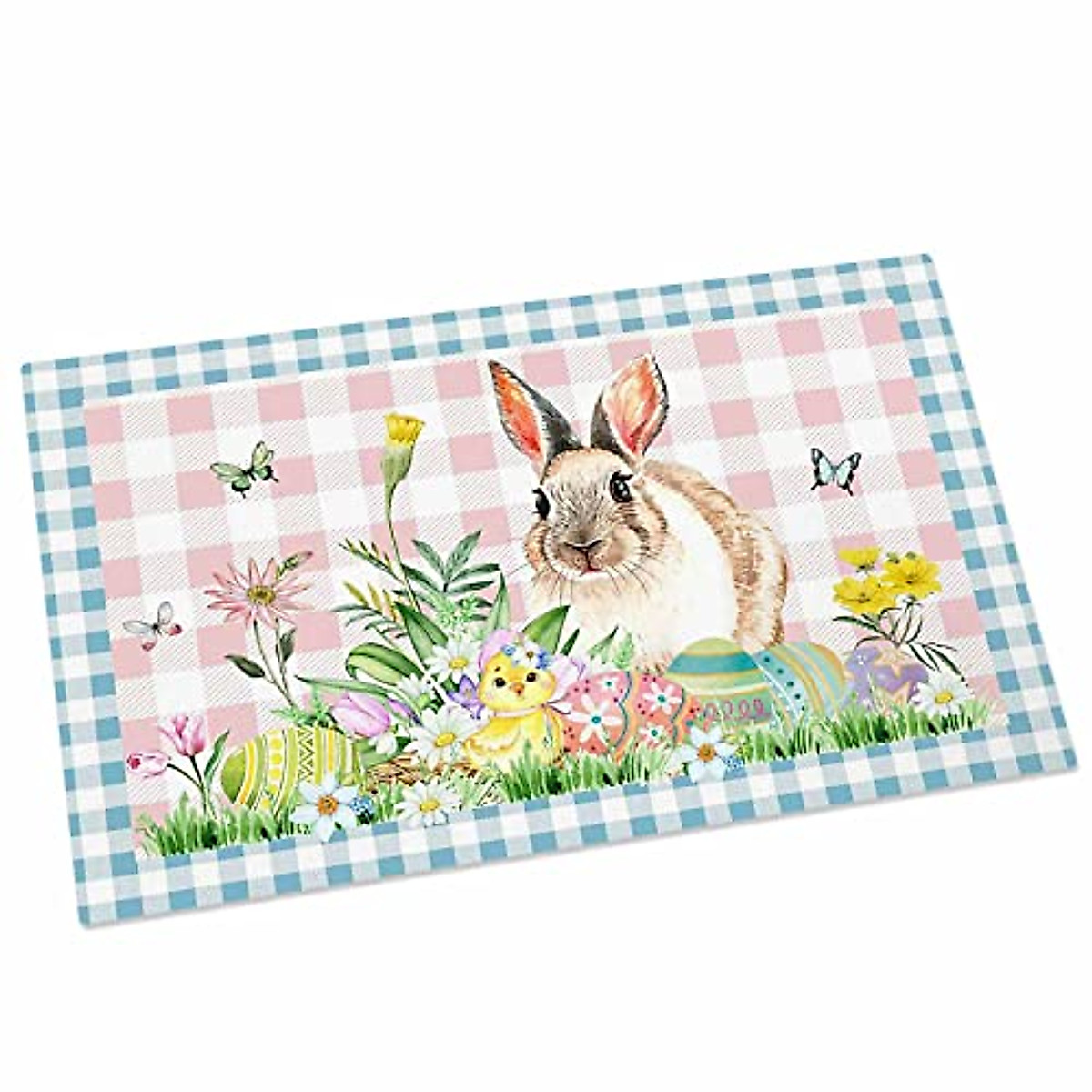 Welcome Doormat Easter Bunny Spring Green Leaf Floral Egg Basket Pink Blue Plaid,Non Slip Indoor Floor Mat Bath Rug,Rabbit Chick Flower Entrance Carpet Bedroom Kitchen Living Room Bathroom 16x24In