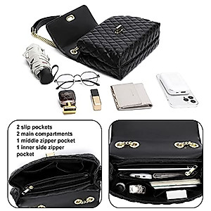 ER.Roulour Quilted Crossbody Bags for Women, Trendy Roomy Shoulder Handbags with Flap Gold Hardware Chain Purses Shoulder Bag Black