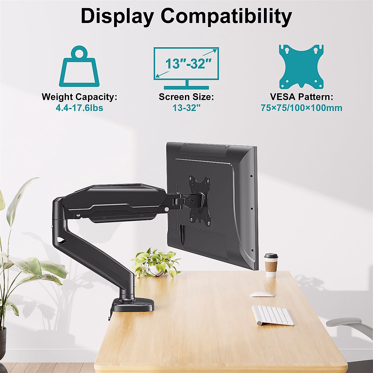 MOUNT PRO Single Monitor Desk Mount - Articulating Gas Spring Monitor Arm, Removable VESA Mount Desk Stand with Clamp and Grommet Base - Fits 13 to 32 Inch LCD Computer Monitors, VESA 75x75, 100x100