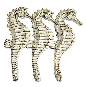 Large Rustic White Cast Iron Sea Horse Wall Hooks, 8 3/4 Inch