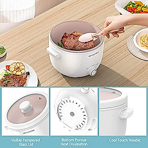 Hoyatoka Electric Hot Pot, 2L Portable Non-Stick Electric Cooker with Steamer, Multifunction Mini Electric Pot Ramen Cooker for Sauté, Stir Fry, Steak, Eggs, Oatmeal, Ramen, Soup, Electric Skillet with Dual Power Control for Dorm and Office, White