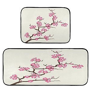 ALAZA Cherry Blossom Flower Blossom Floral Non Slip Kitchen Floor Mat Set of 2 Piece Kitchen Rug 47 x 20 inches + 28 x 20 inches for Entryway Hallway Bathroom Living Roo