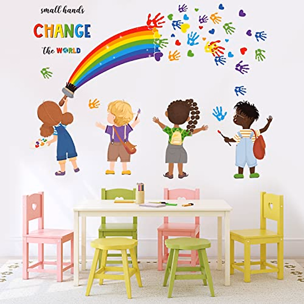 decalmile Small Hands Change The World Equality Wall Stickers Inspirational Quote Rainbow Wall Decals Kids Room Classroom School Library Wall Decor Gift