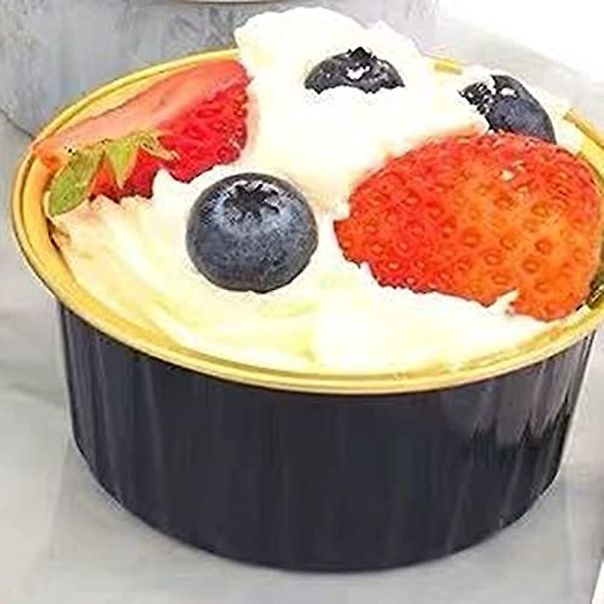 DEAYOU 100 Pieces Aluminum Foil Baking Cups with Lids, 5oz Disposable Ramekins Muffin Cups, 3" Cupcake Foil Liners Tart Pie Tin Pan Holder for Pudding, Souffle, Party, Wedding, Black Gold Color