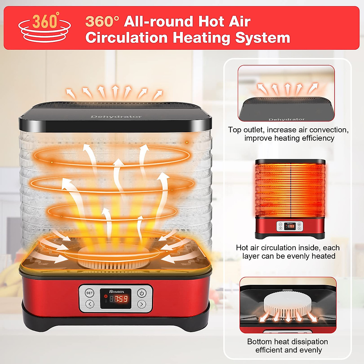 COOCHEER Food Dehydrator Machine, 400W 8 Trays Dehydrators for Food and Jerky with 72H Digital Timer and 95-158℉ Temperature Control, BPA-Free, Fruit Dehydrator Perfect for Meat, Jerky, Herbs, Red