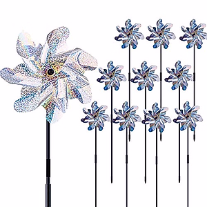 Ohuhu Reflective Pinwheels with Stakes, 10-Pack Extra Sparkly Wind Sculpture for Garden Decor Pin Wheel, Silver Wind Spinner