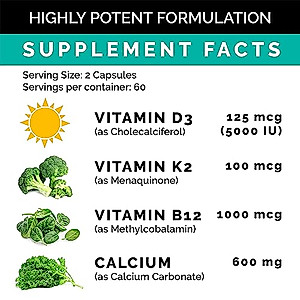 4-in-1 Calcium Supplements for Women & Men - Calcium 600mg with Vitamin D3 K2 B12 - Vitamin D3 K2 5000 IU Supplement for Heart, Bone & Immune Support - Gluten-Free, Non-GMO, Vegan Friendly (120 count)
