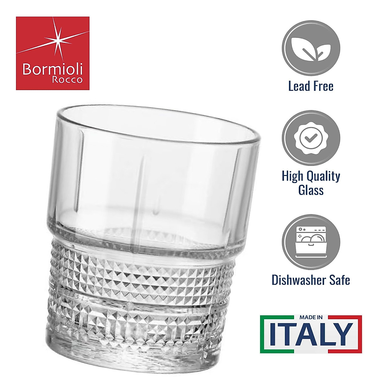 Bormioli Rocco Novecento Barware DOF Glass, Stackable, Set Of 4, 12.5 oz, Clear, Vintage Design, Made In Italy.