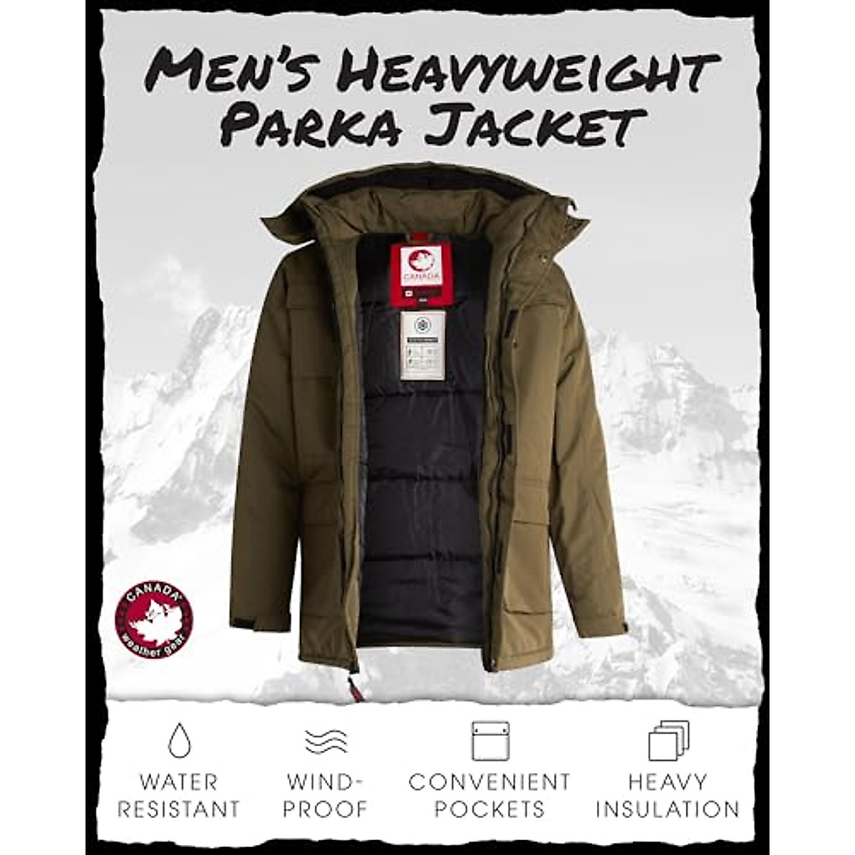 CANADA WEATHER GEAR Men's Winter Coat - Heavyweight Teflon Canvas Cargo Parka Jacket (M-XXL), Size X-Large, Olive Green