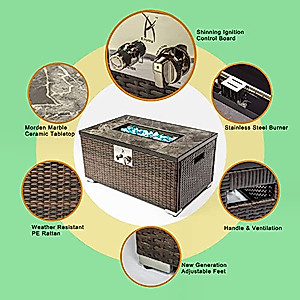 AJ Enjoy 32in Gas Fire Pit Table Set, 50,000 BTU Propane Fire Pit Table Outdoor with Rain Cover, Hideaway Tank Holder Fits 20lb Tank, Gas Fire Pit for Outside w/Ceramic Tabletop and lid, Glass Rocks