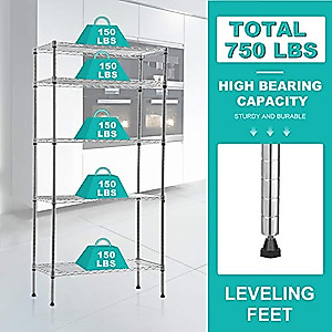 Metal Shelves 5-Tier Wire Shelving Unit 30" Lx 14" Wx 60" H Heavy Duty Storage Shelves with Casters Adjustable Layer Rack for Restaurant Garage Kitchen Laundry Pantry Storage Space-Saving, Chrome