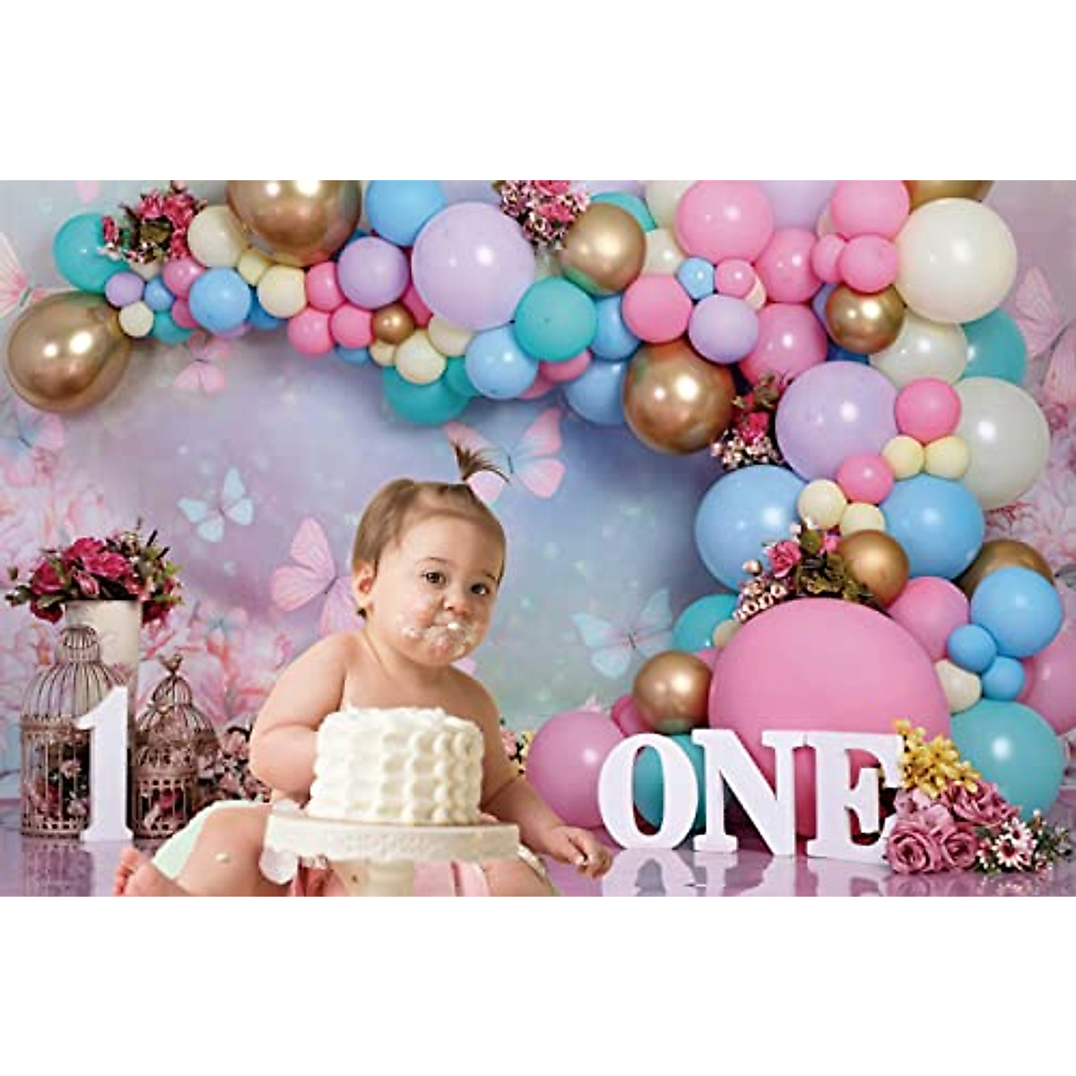 First Birthday Backdrop for Girl Pink Purple Balloon Backdrops for Photography Cake Smash Background for Baby Girl Flowers Butterfly Kids1st Birthday Banner Decorations 7x5ft