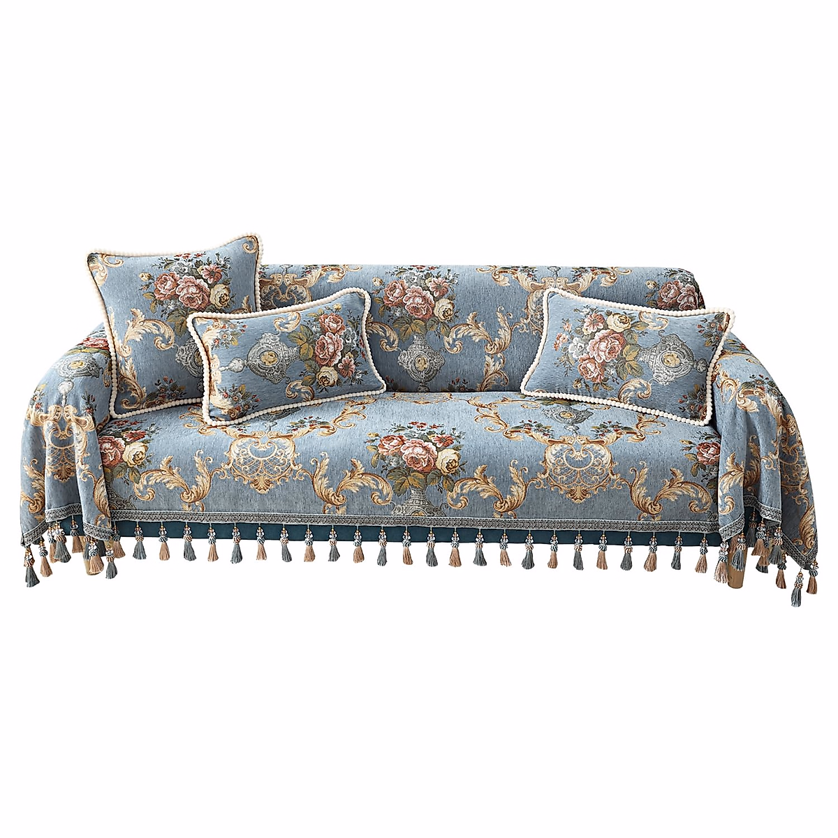 AiWinsure Couch Cover Blanket with Tassels Sofa Covers Loveseat Armchair Sectional Furniture Slipcover for Dogs Cats 3 Cushion Chenille Jacquard Flower One Piece (Blue,4 Seater-190 * 350cm)