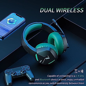 BINNUNE Wireless Gaming Headset with Microphone for PC PS5 PS4, 2.4GHz Low Latency, Bluetooth 5.0 USB Gamer Headphones with Mic for Laptop Computer