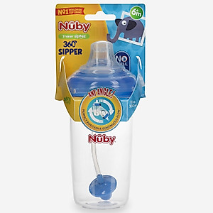 Nuby Tritan No-Spill 10 oz Trainer Cup with Silicone Spout, 360 Weighted Straw & Hygienic Cover, Blue (Pack of 2)