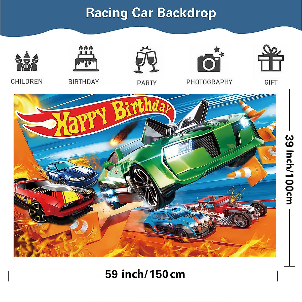 htwhvt 122 Pcs Hot Car Birthday Party Supplies,Included Banner,Backdrop,Tablecloth,Cake Topper,Cupcake Toppers,Balloon,Racing Car Tableware Set for Boy and Girl Wheel Party Decorations